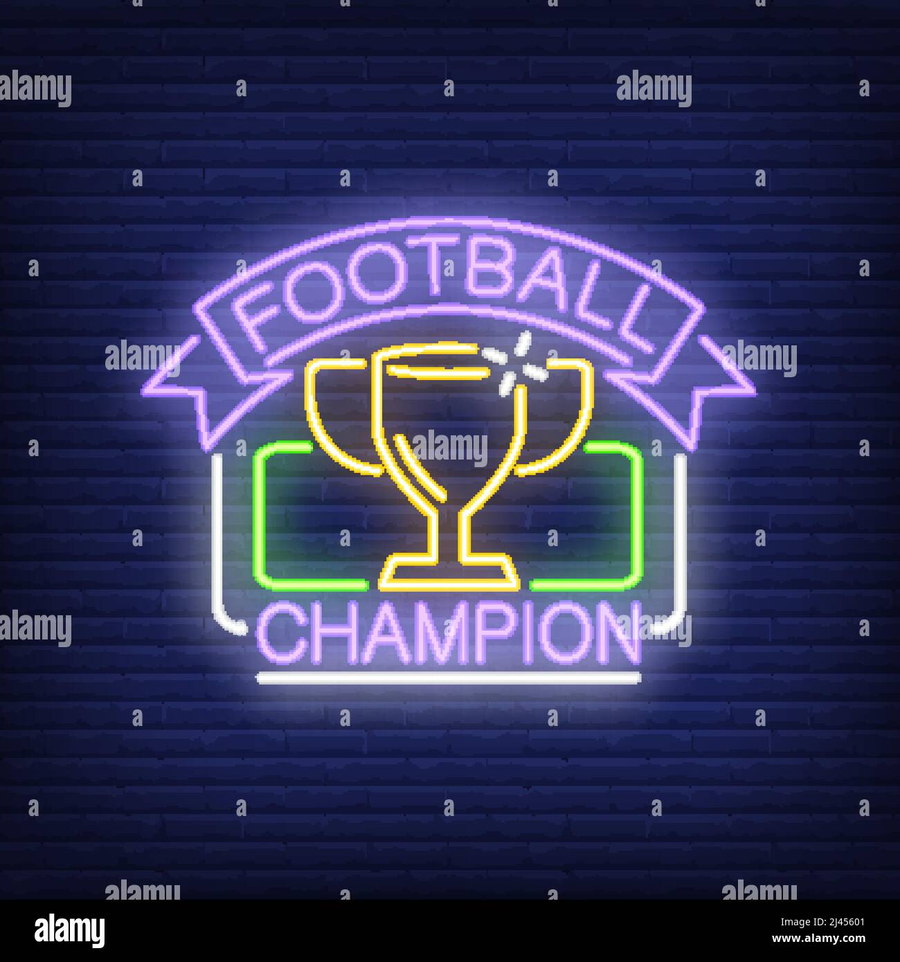 Football champion neon sign. Cup in rectangular frame and ribbon on ...