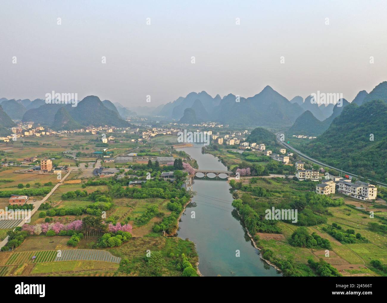 Yangshuo. 11th Apr, 2022. Aerial photo taken on April 11, 2022 shows ...