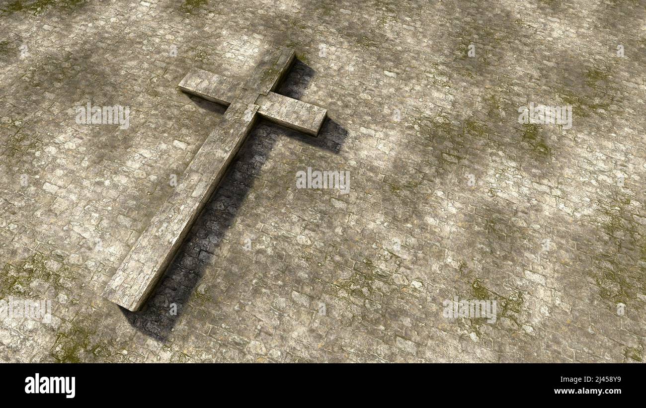 Concept or conceptual gray stone cross on a vintage grungy stone ...
