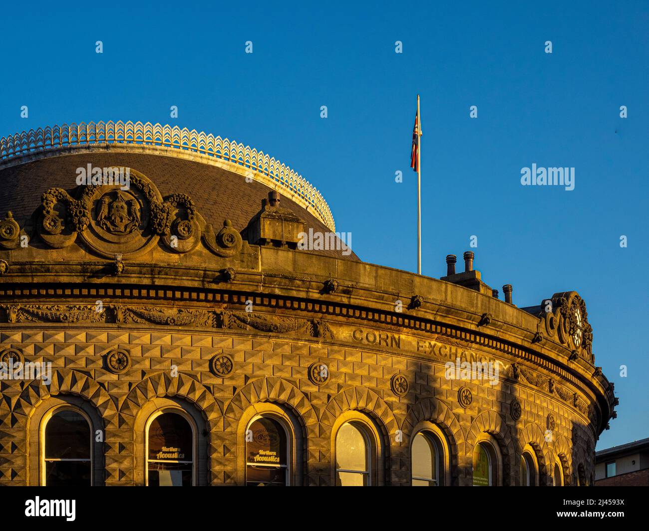 West entrance façade of the oval-shaped Corn Exchange building in Leeds ...