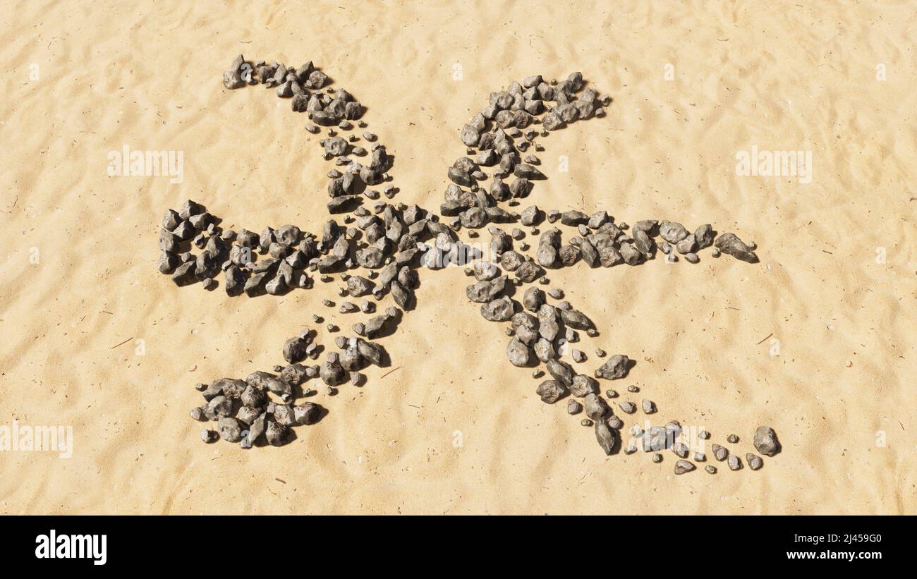 Concept conceptual stones on beach sand handmade symbol shape, golden ...