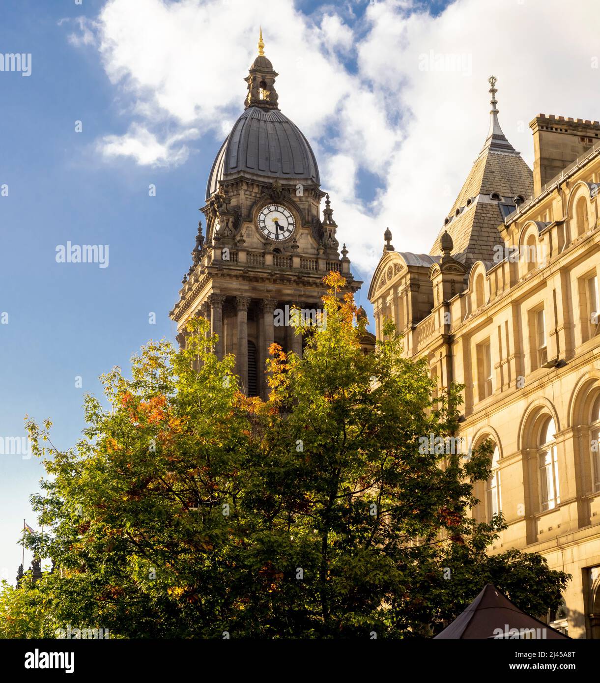 Leeds Town Hall clock seen against a blue sky. Leeds. West Yorkshire.UK ...