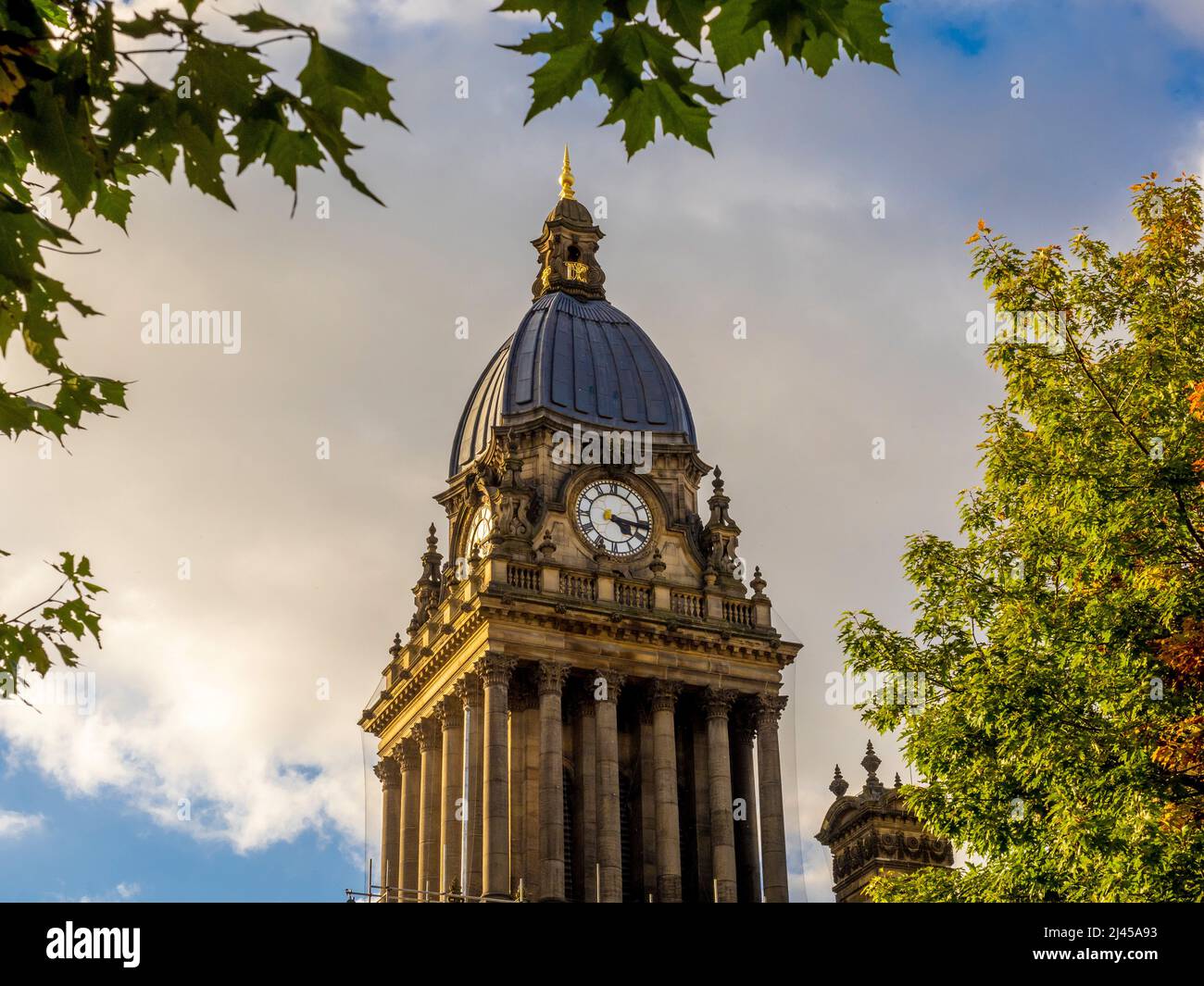 Leeds Town Hall clock seen against a blue sky. Leeds. West Yorkshire.UK ...