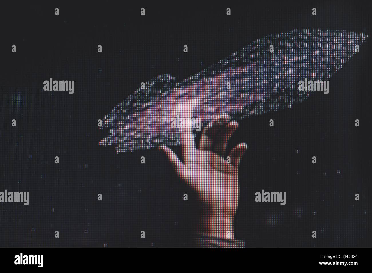 Human forefinger touches spaceship. Macro photography view. Close-up of ...