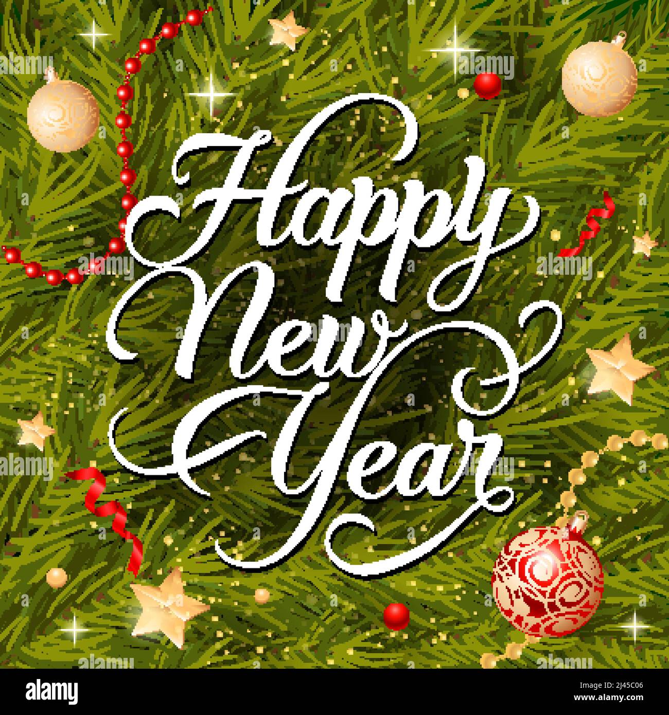 Happy New Year lettering. New Year Day greeting card with fir tree ...