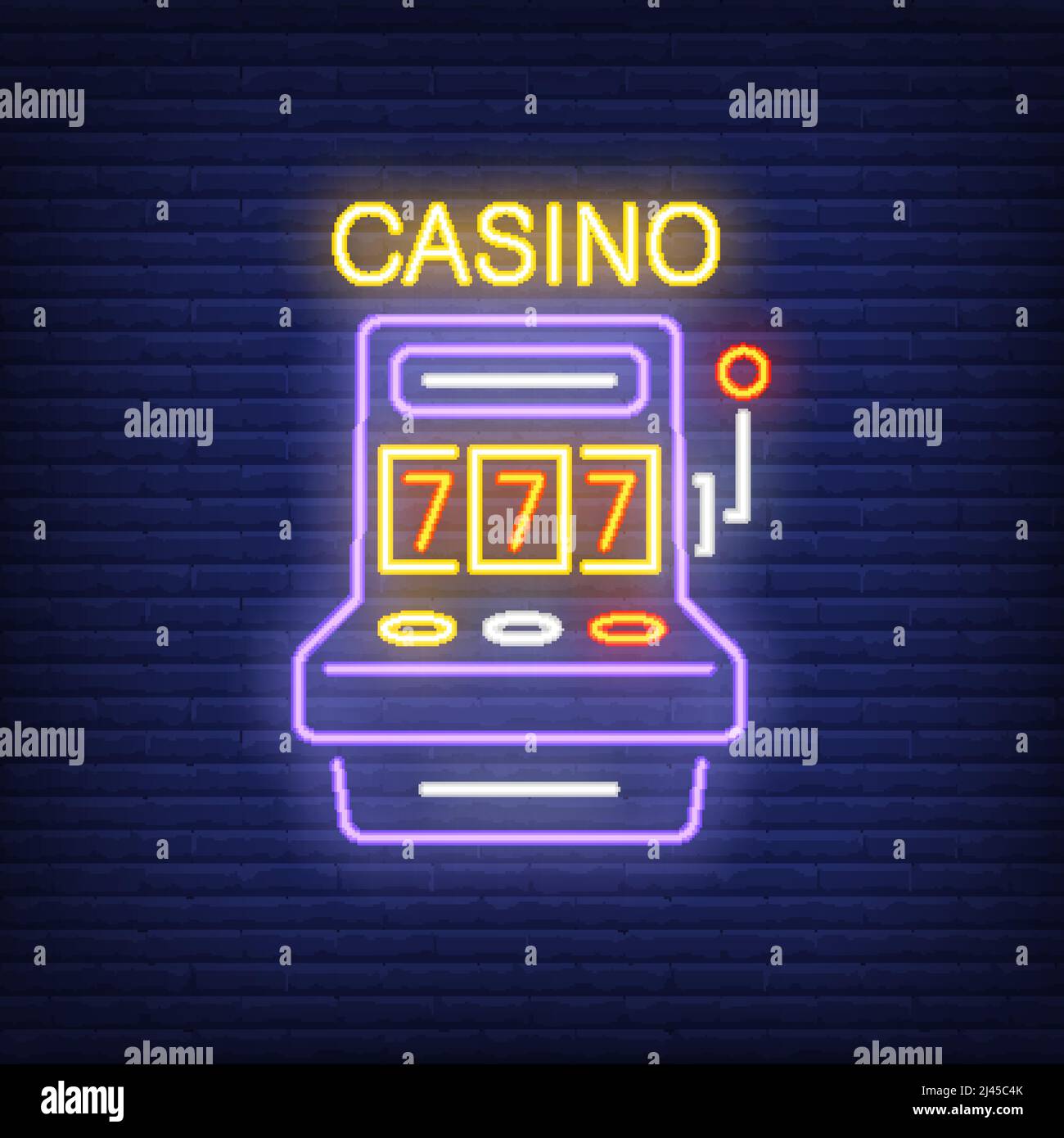 Casino colorful neon sign. Slot machine shape with triple seven on ...