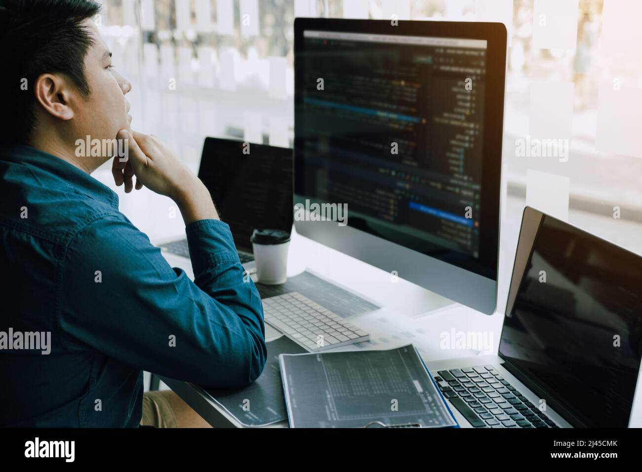 Asian Man Working Code Program Developer Computer Web Development Working Design Software On