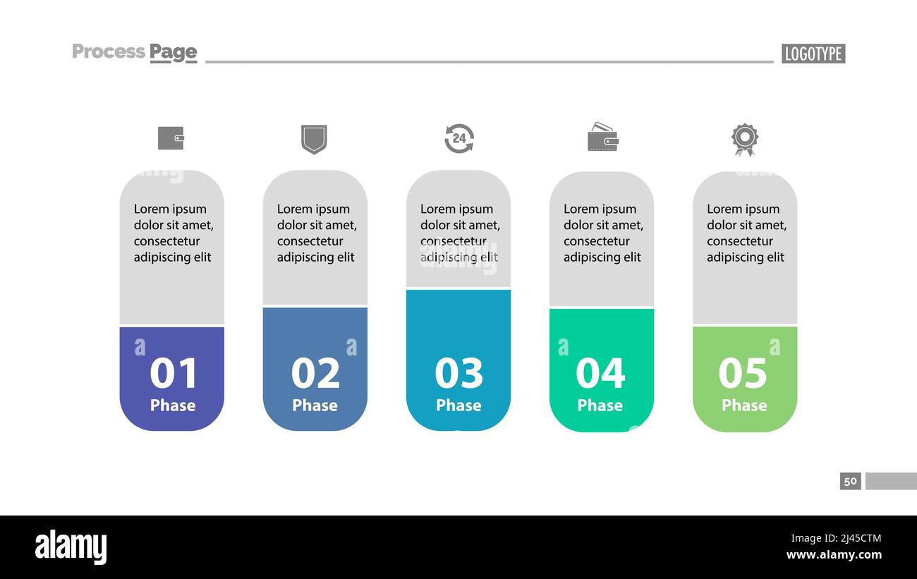 Five elements process chart slide template. Business data. Model ...