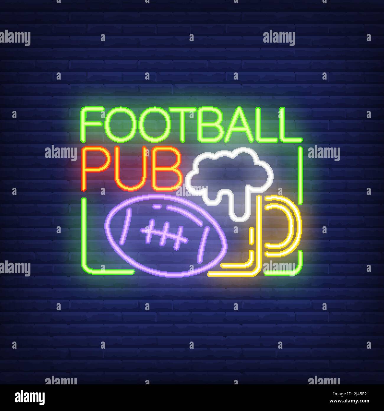 Football pub neon sign. Rugby ball and glass of beer shape on brick ...