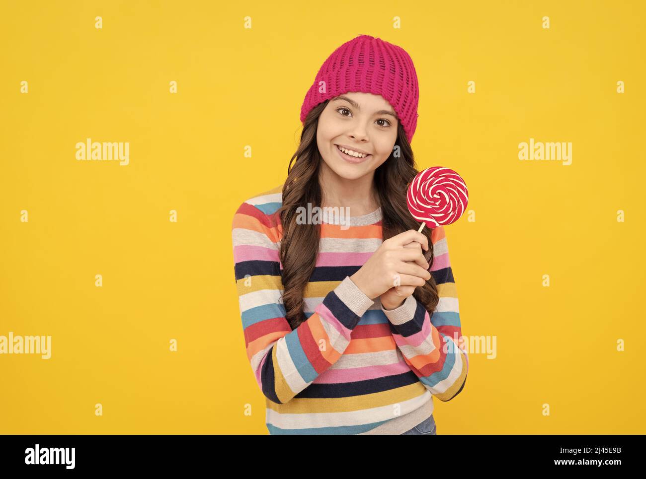 lollipop lady. hipster kid with colorful lollypop sugar candy on stick ...