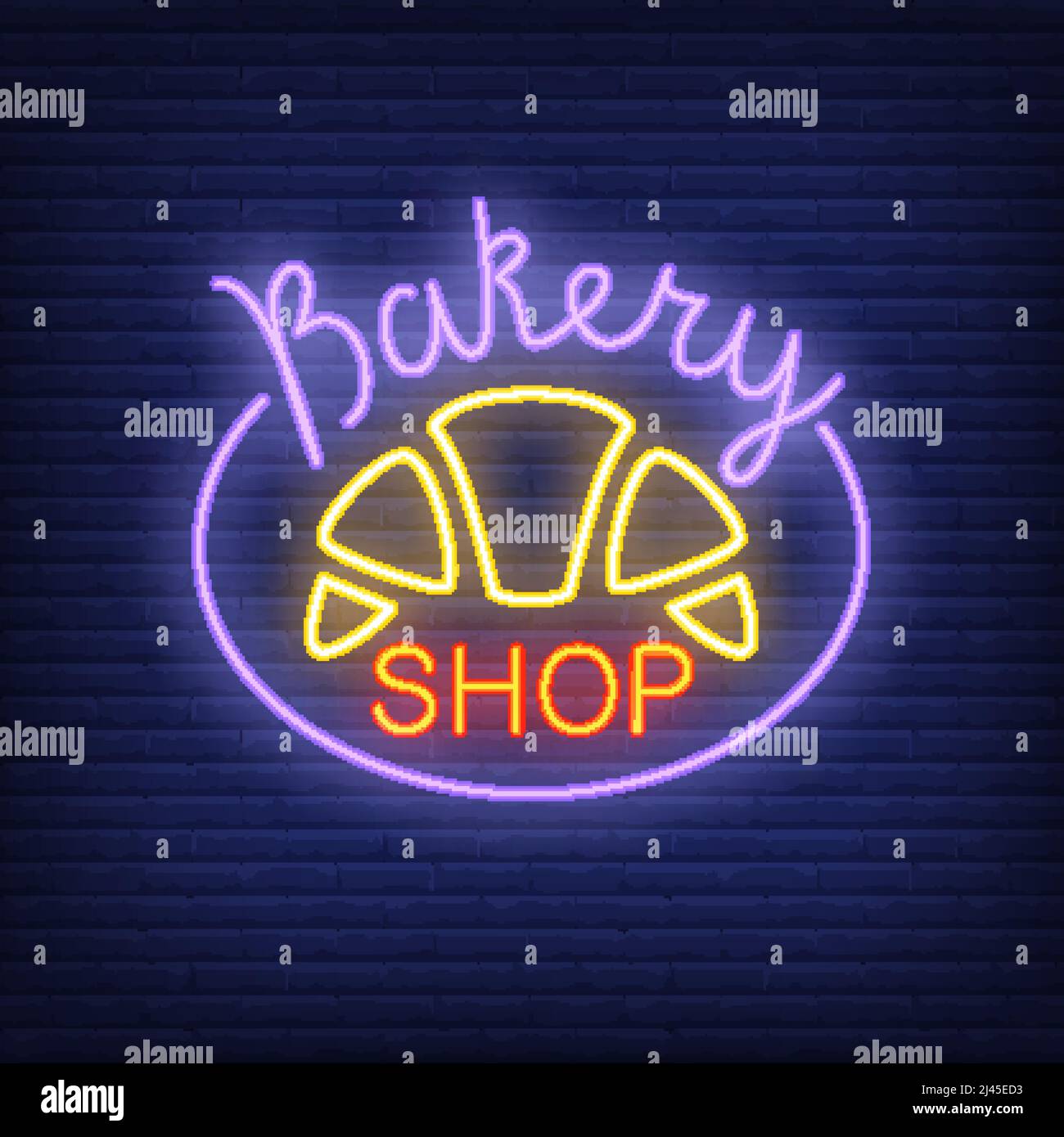 Bakery shop neon sign. Bright croissant on dark blue brick wall. Night ...