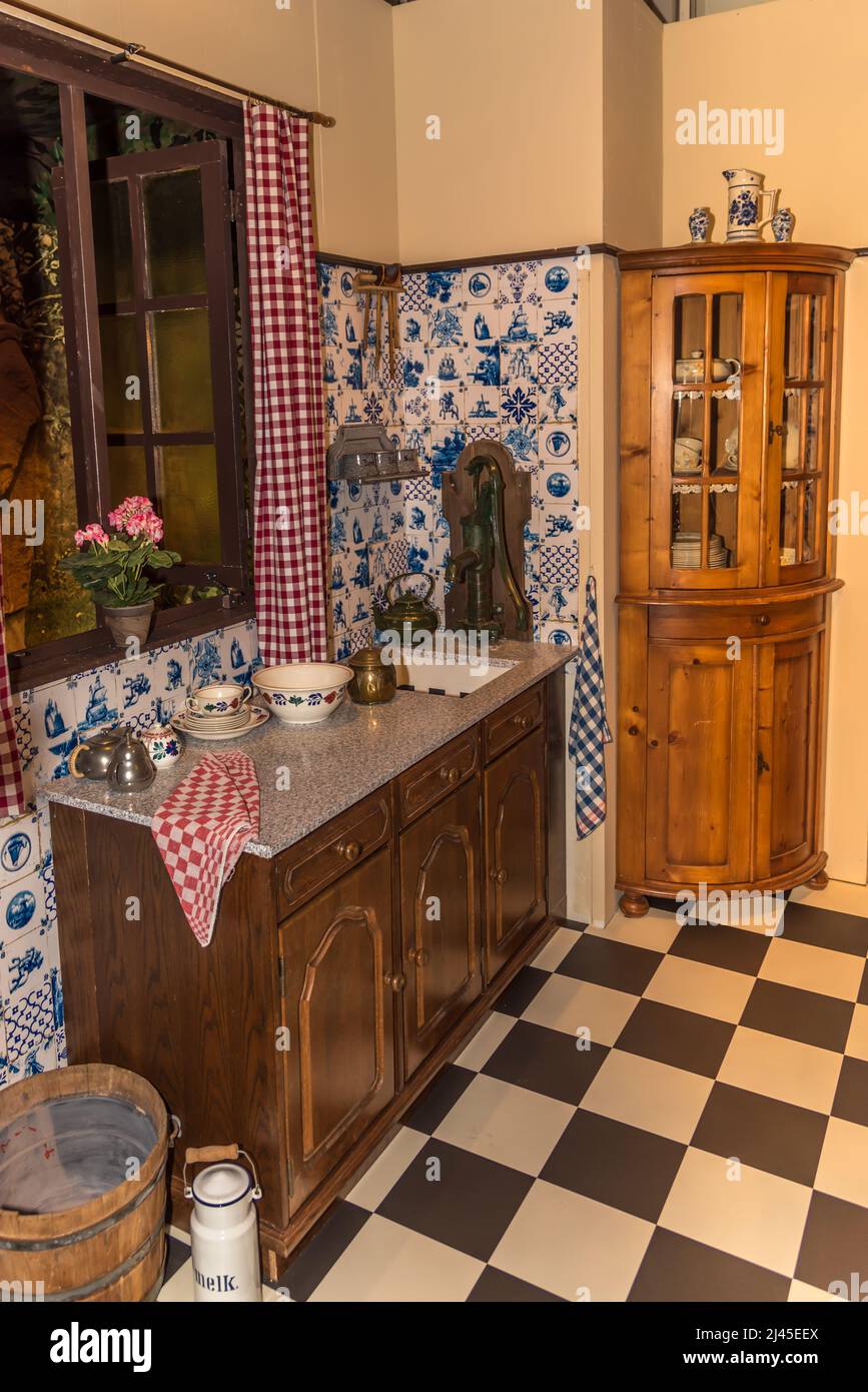 Hoorn, Netherlands, April 2022. The interior of a 1950s Dutch kitchen ...