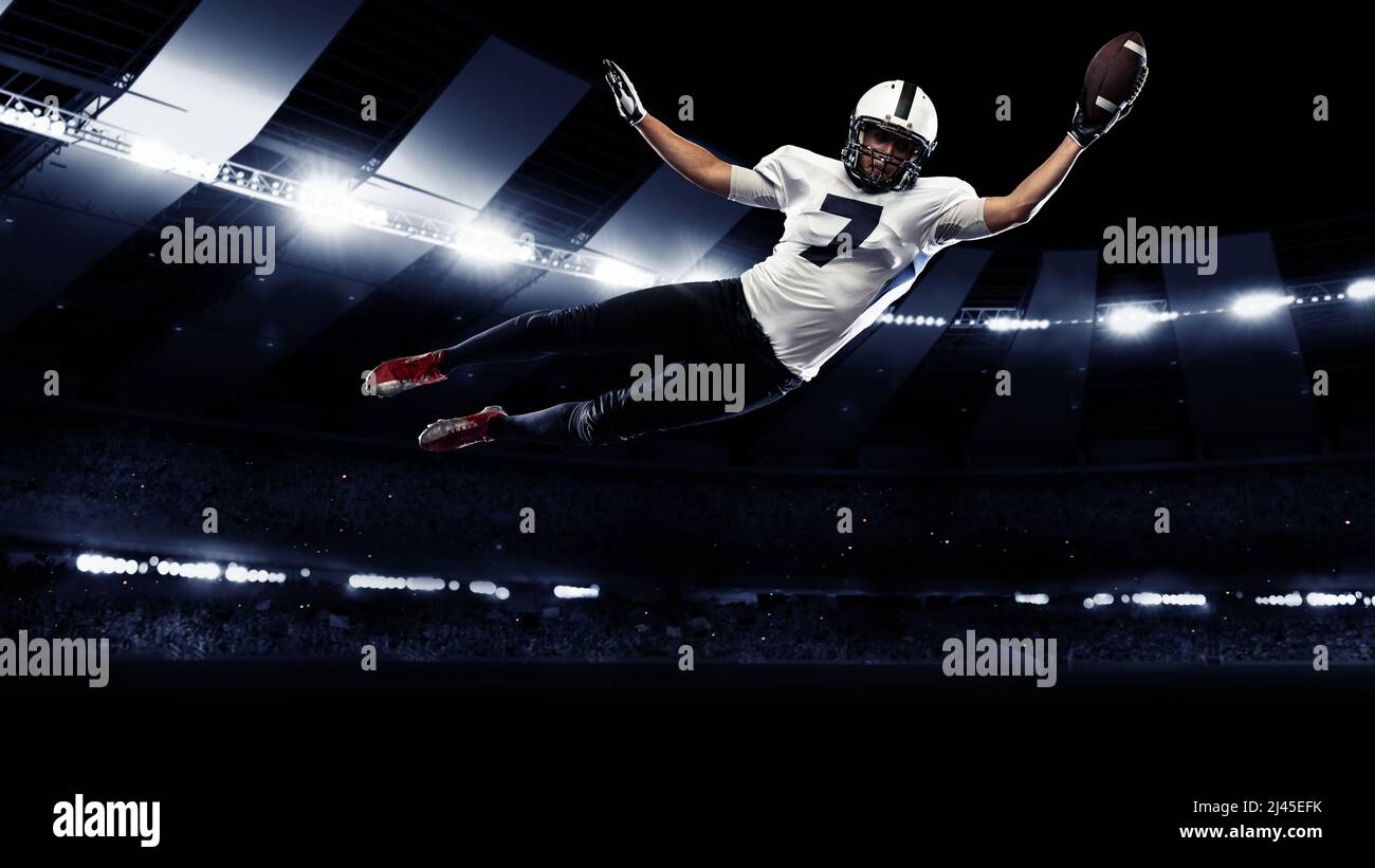 Collage with sportive american football player in action, catching the ...