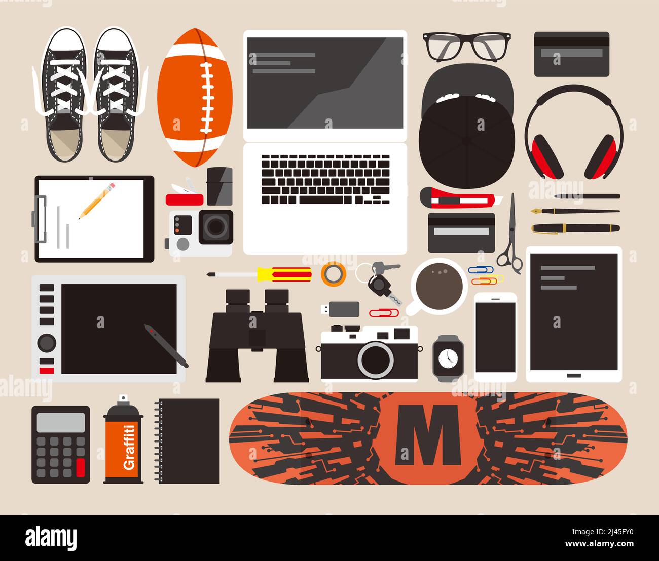 desk with computer and other things flat design, vector illustration ...