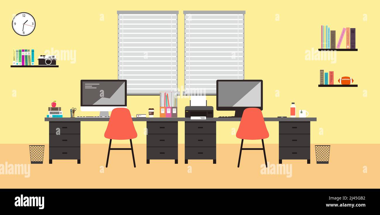 desk with computer and other things, flat design, vector illustration ...