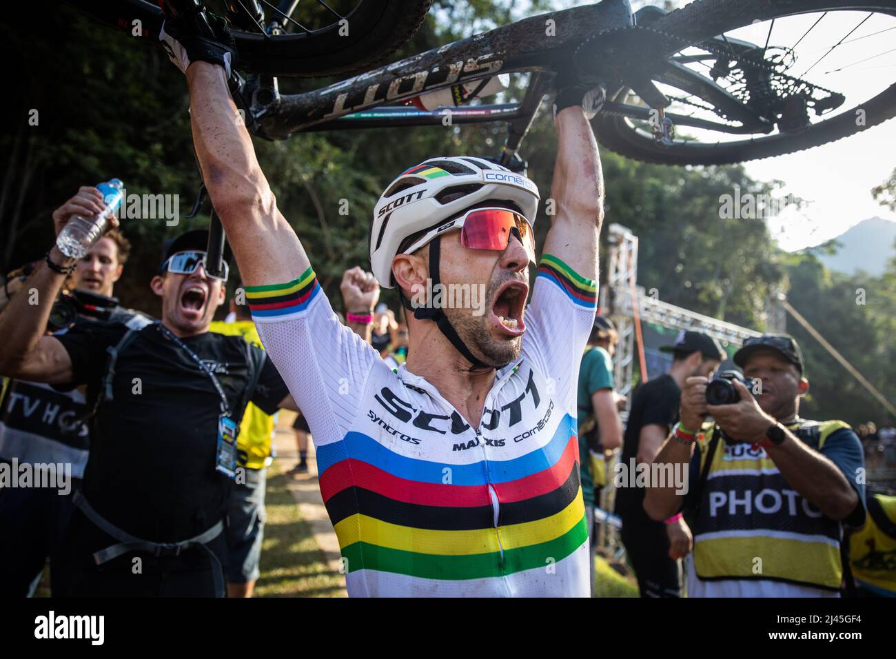 Swiss biker Nino Schurter celebrates victory in opening race of the ...