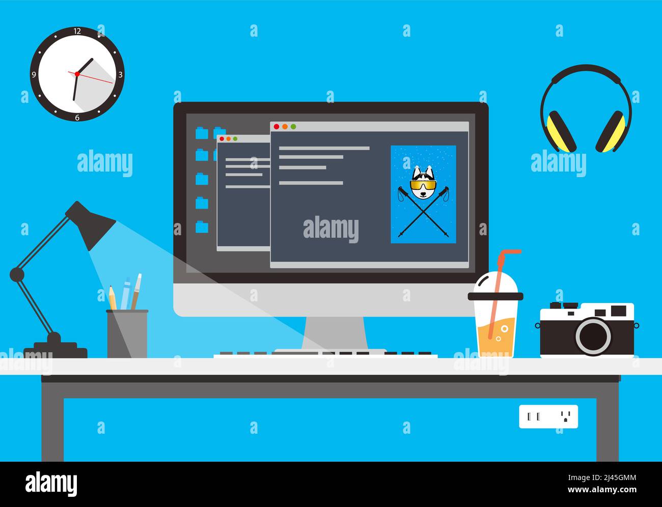 desk with computer and other things flat design, vector illustration ...