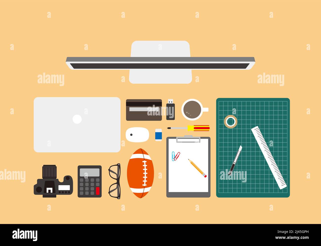 Desk with computer and other things, vector illustration Stock Vector ...