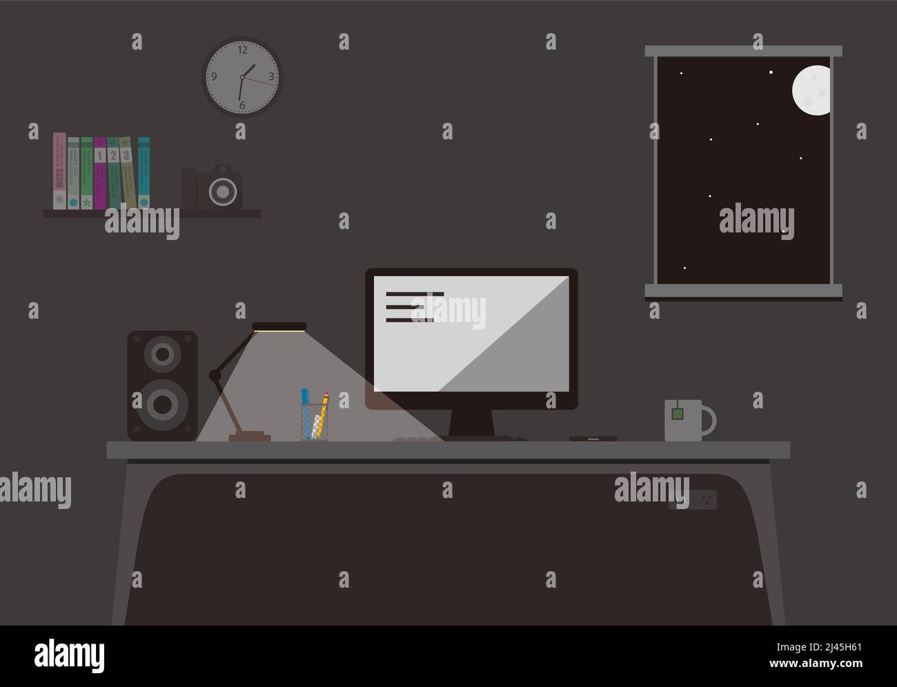night office place, computer on the desk flat design, vector ...