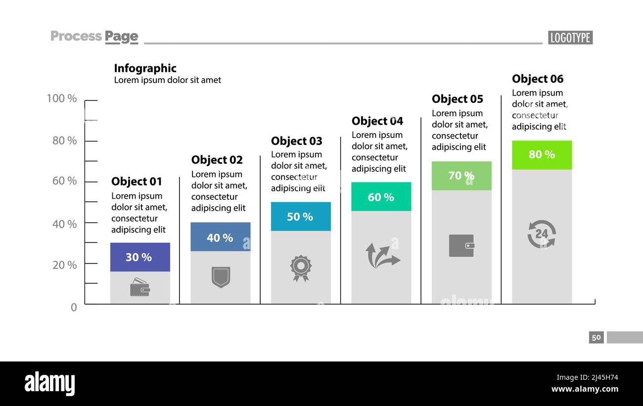 Six columns bar chart slide template. Business data. Percentage ...