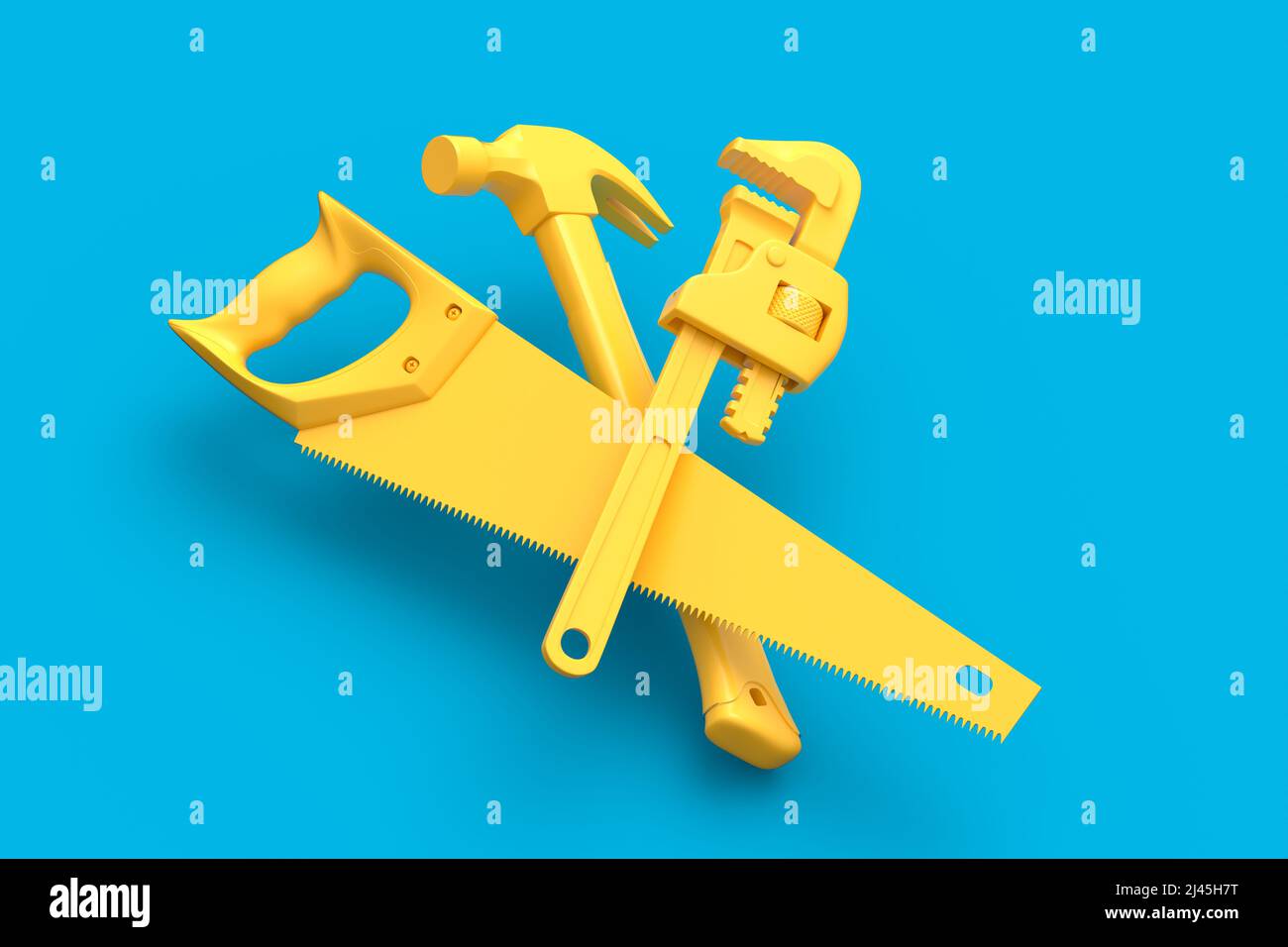 Flying view of yellow construction tools for repair and installation on ...