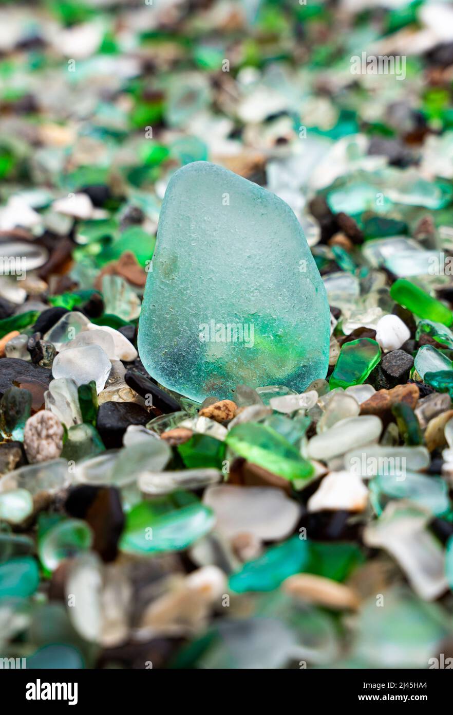 Glass Bay in Vladivostok. Sea-polished colored glass on the beach ...