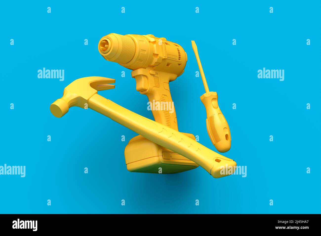 Flying view of yellow construction tools for repair and installation on ...