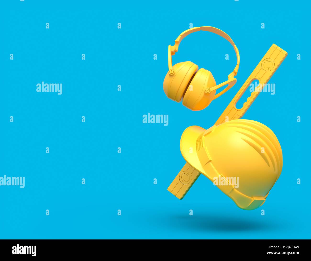 Flying view of yellow construction tools for repair and installation on ...