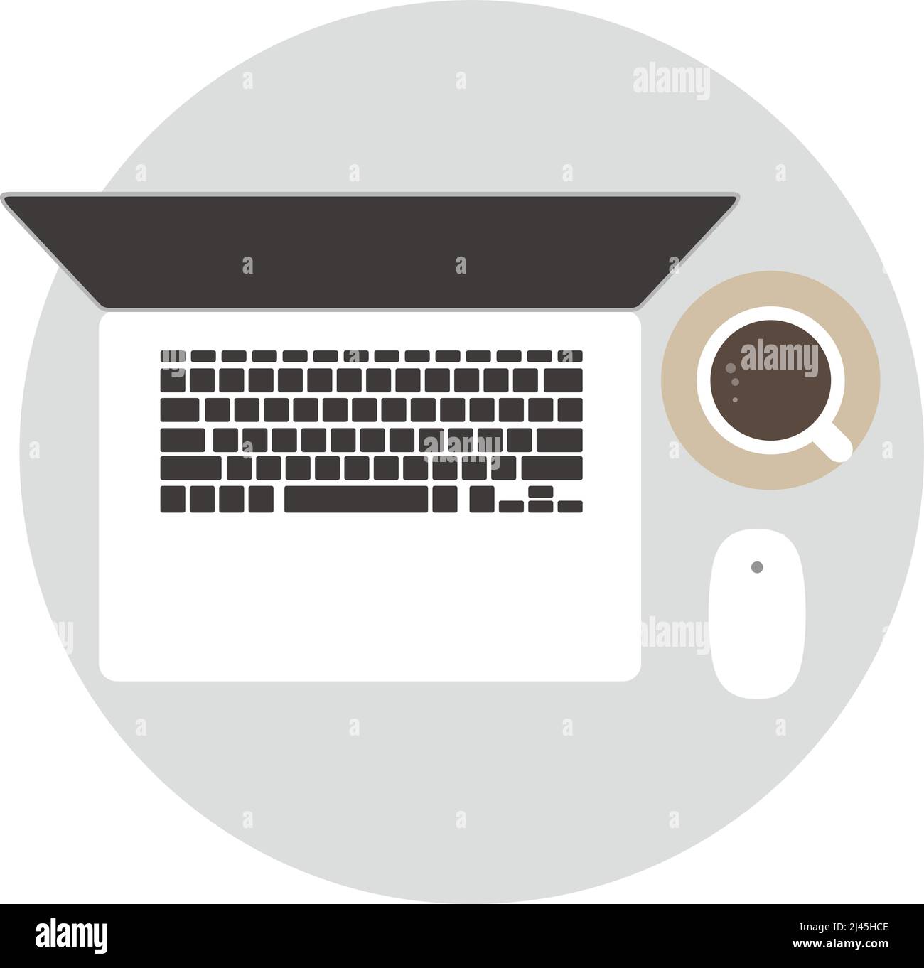 Laptop, coffee and mouse on the desk, top view, vector illustration ...