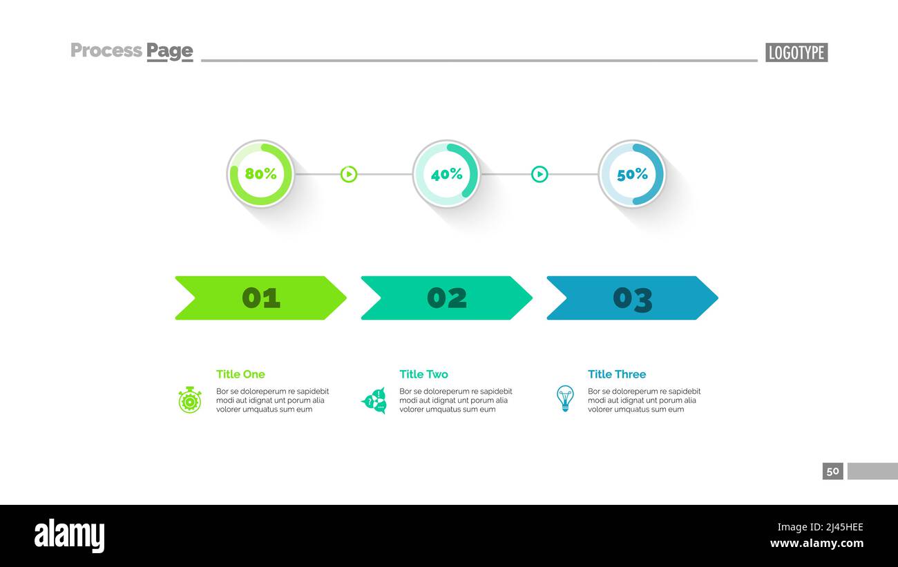 Three options percentage chart slide template. Business data. Arrow ...