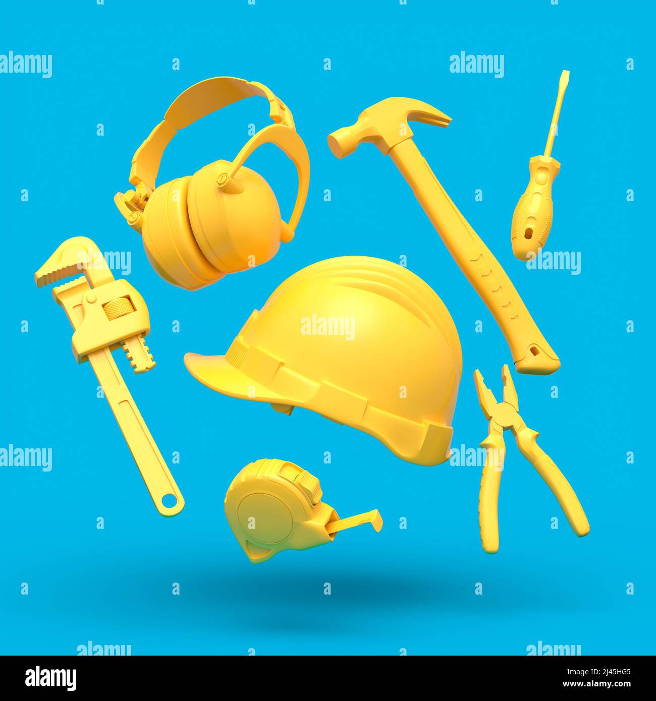 Flying view of yellow construction tools for repair and installation on ...