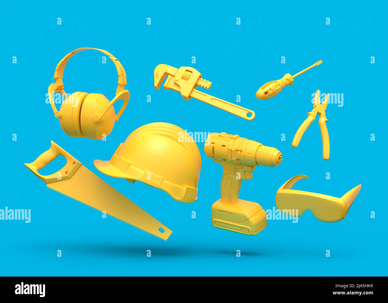 Flying view of yellow construction tools for repair and installation on ...