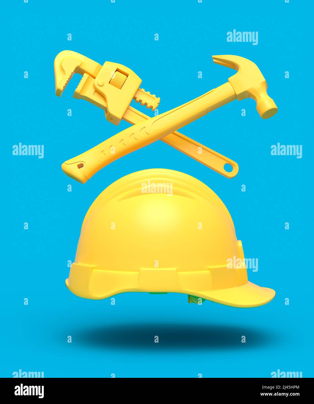 Flying view of yellow construction tools for repair and installation on ...