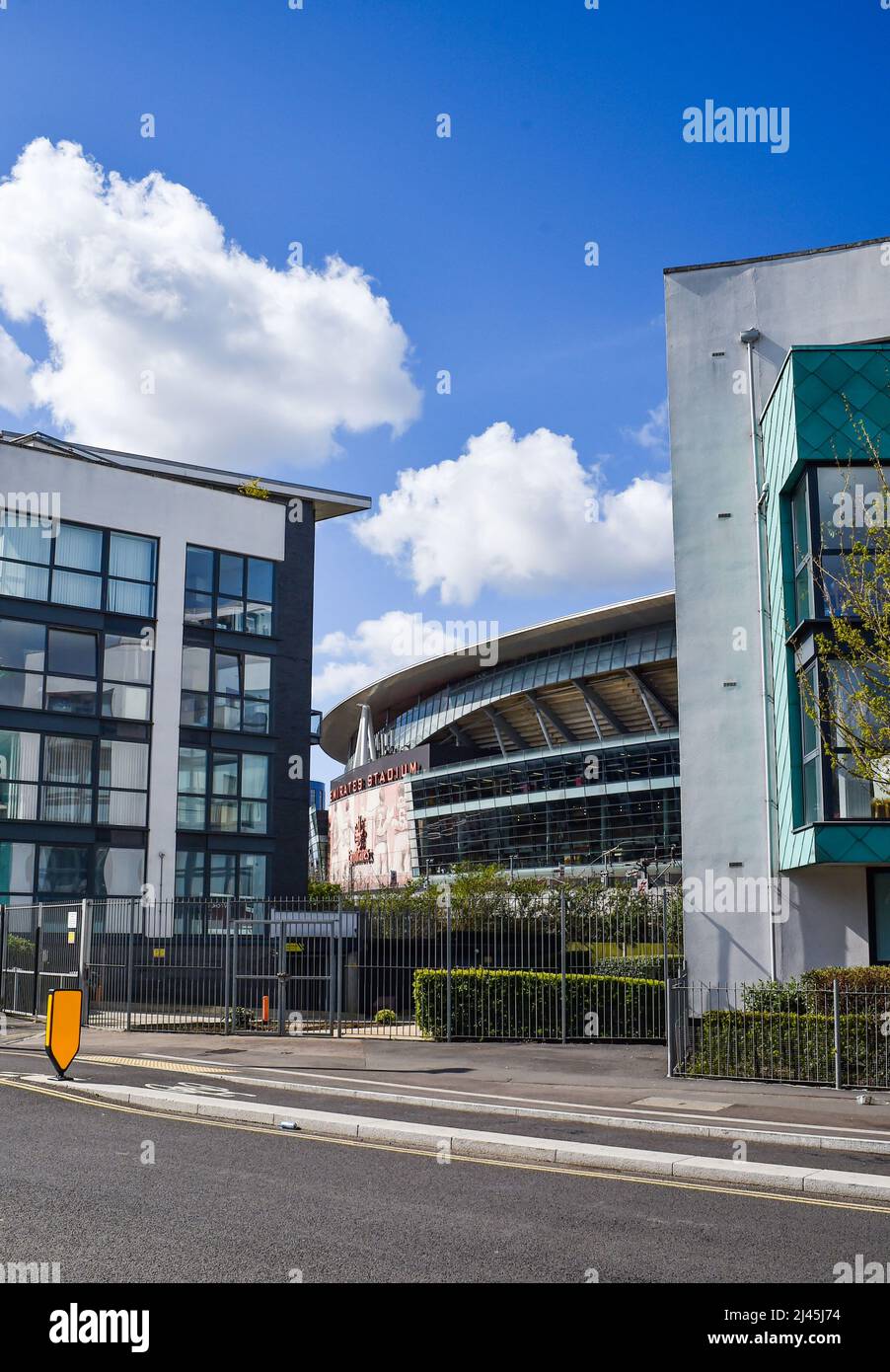 Arsenal's Emirates Stadium can be seen through blocks of flats in the ...