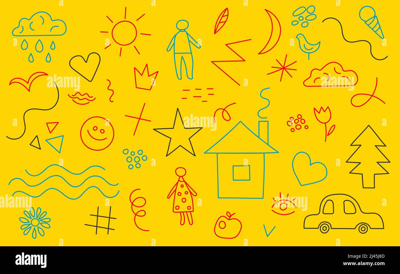 Childish doodle elements with people, car, house. Hand drawn line ...