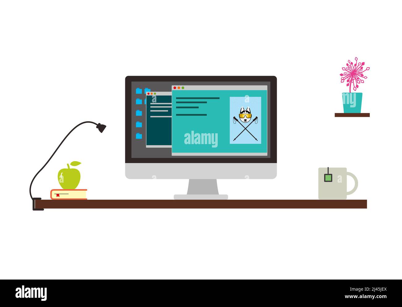 Desk with computer and other things, vector illustration Stock Vector ...