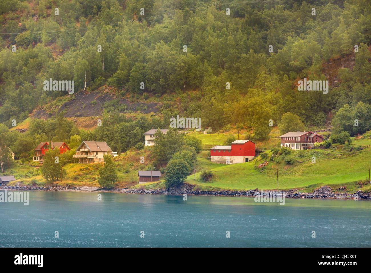 Norwegian fjord village and Sognefjord landscape near Flam, Norway ...