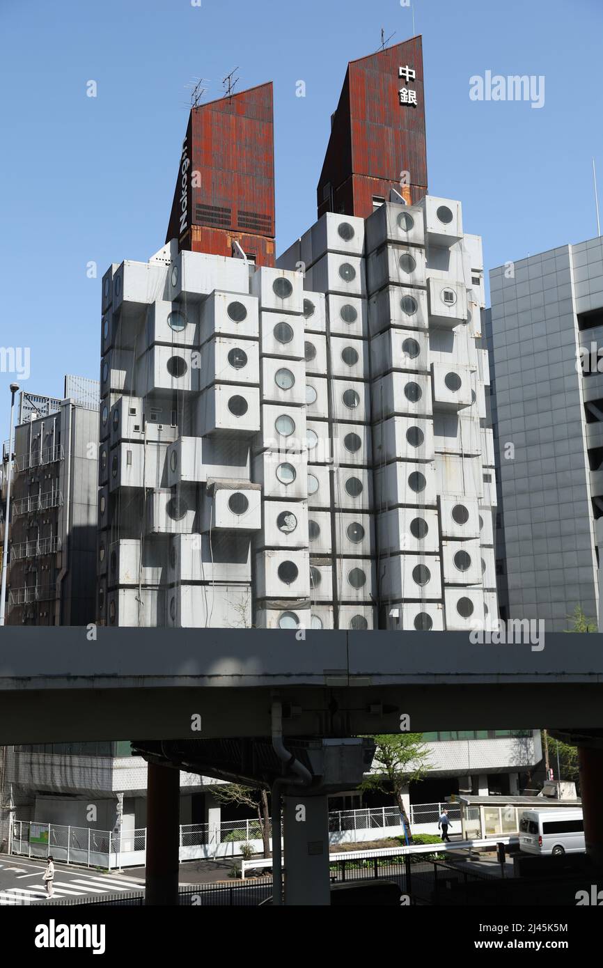 The Nakagin Capsule Tower is seen in Ginza, Tokyo, Japan on April 12, 2022. Demolition work ...