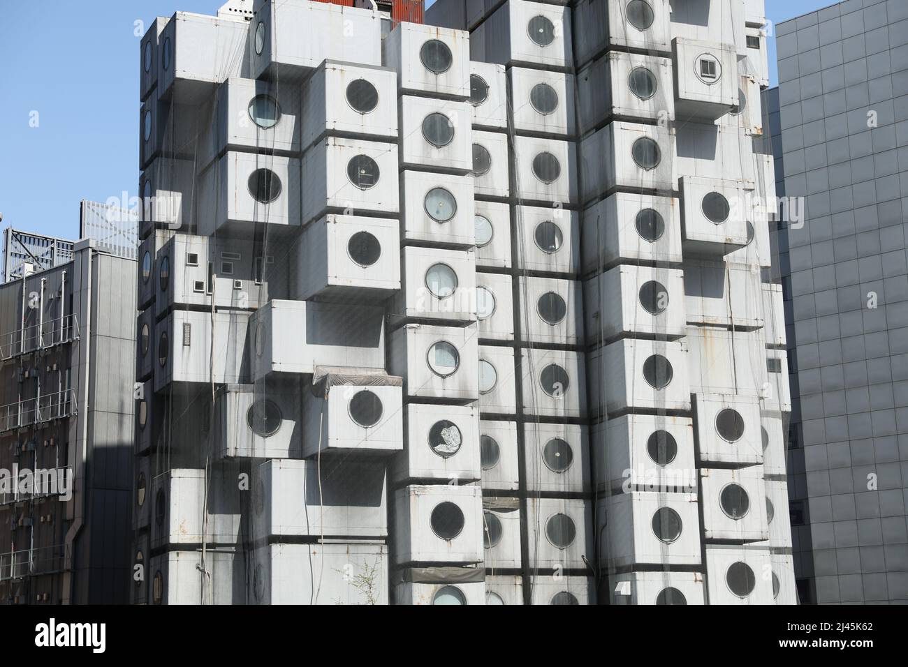 The Nakagin Capsule Tower is seen in Ginza, Tokyo, Japan on April 12, 2022. Demolition work ...
