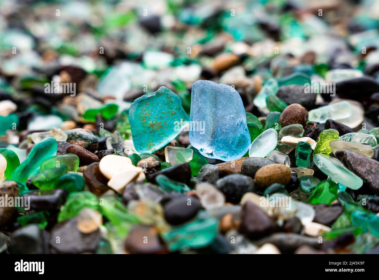 Glass Bay in Vladivostok. Sea-polished colored glass on the beach ...