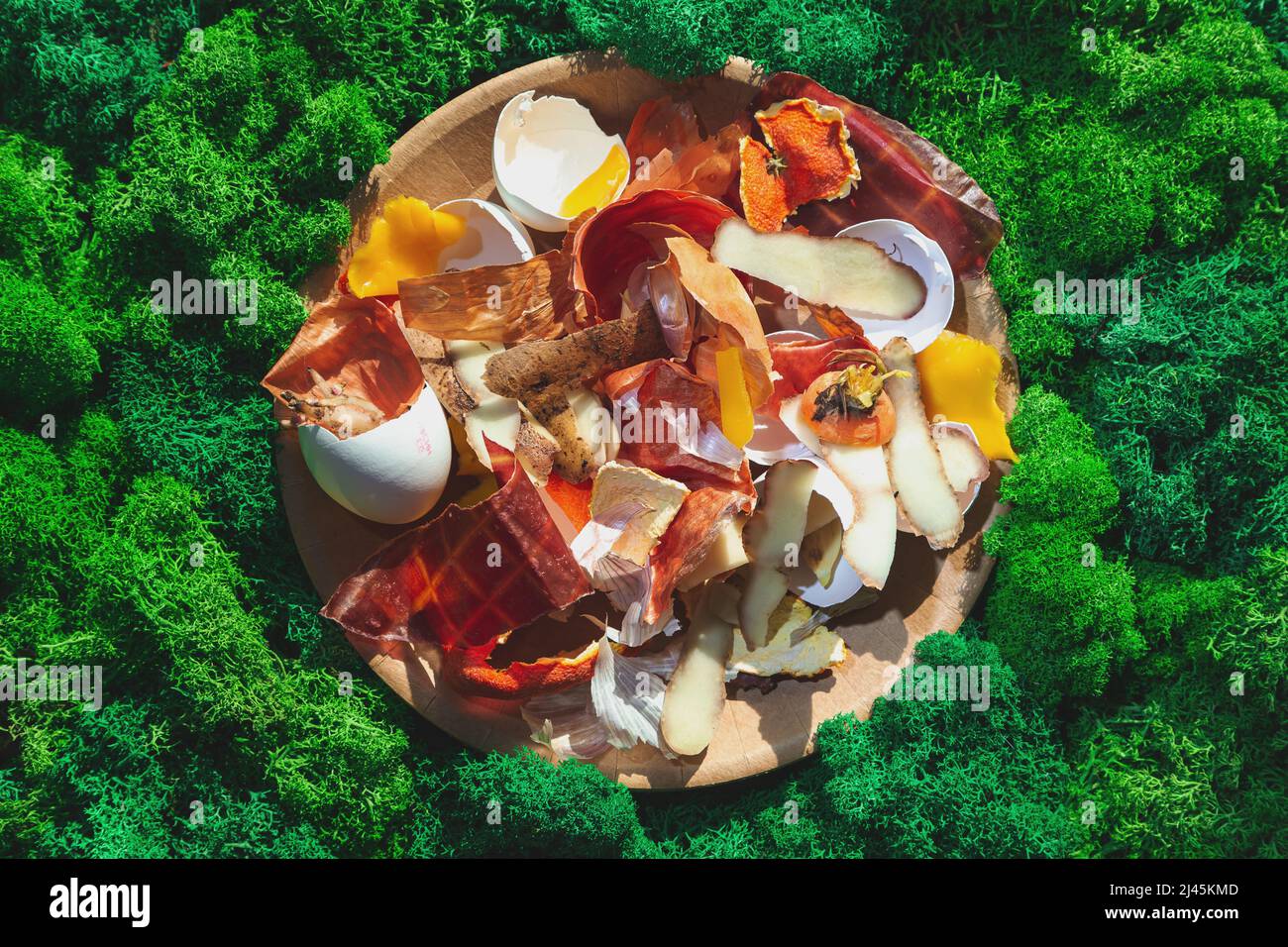 Food waste on the background of green moss. Collecting food scraps for ...