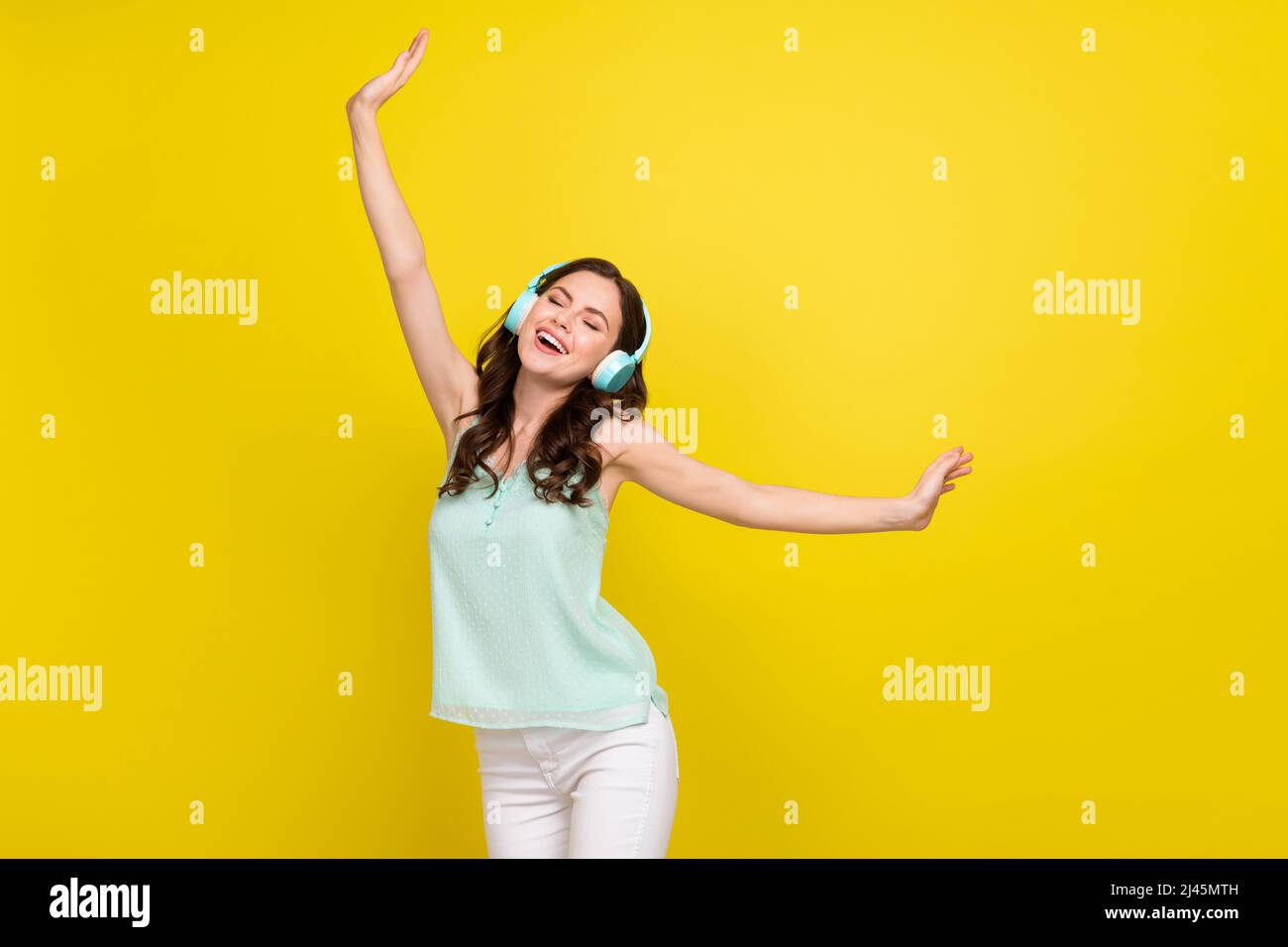 Photo of dreamy good mood charming female enjoy sunny weather listen ...