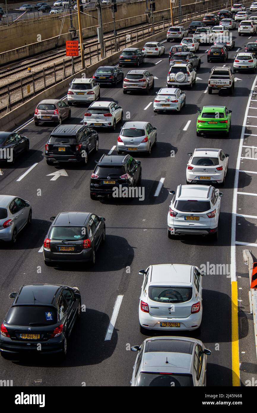Tel Aviv, Israel - April 11, 2022 Heavy traffic jam on the Ayalon ...