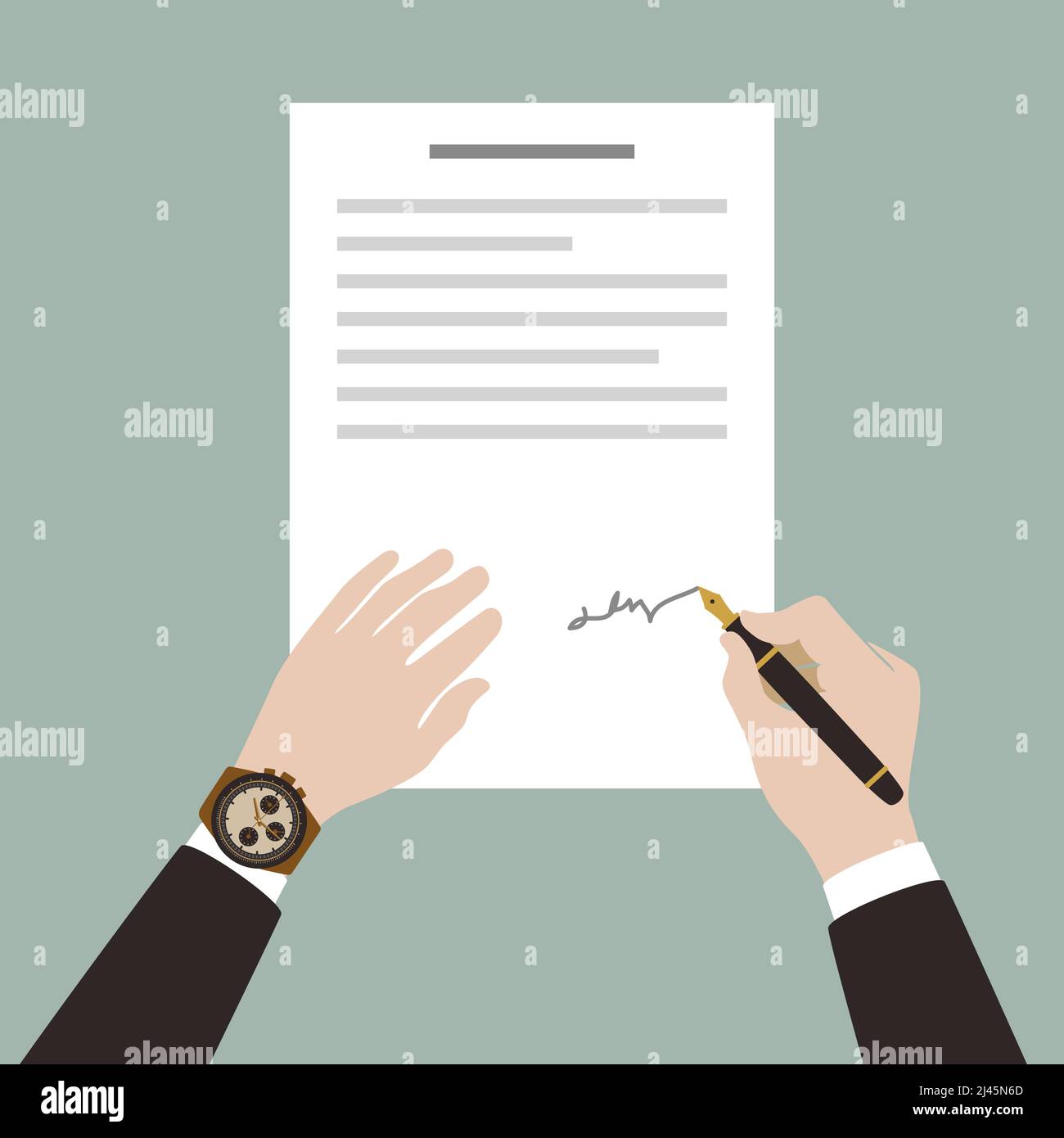 Man signs contract document using pen , vector illustration Stock ...