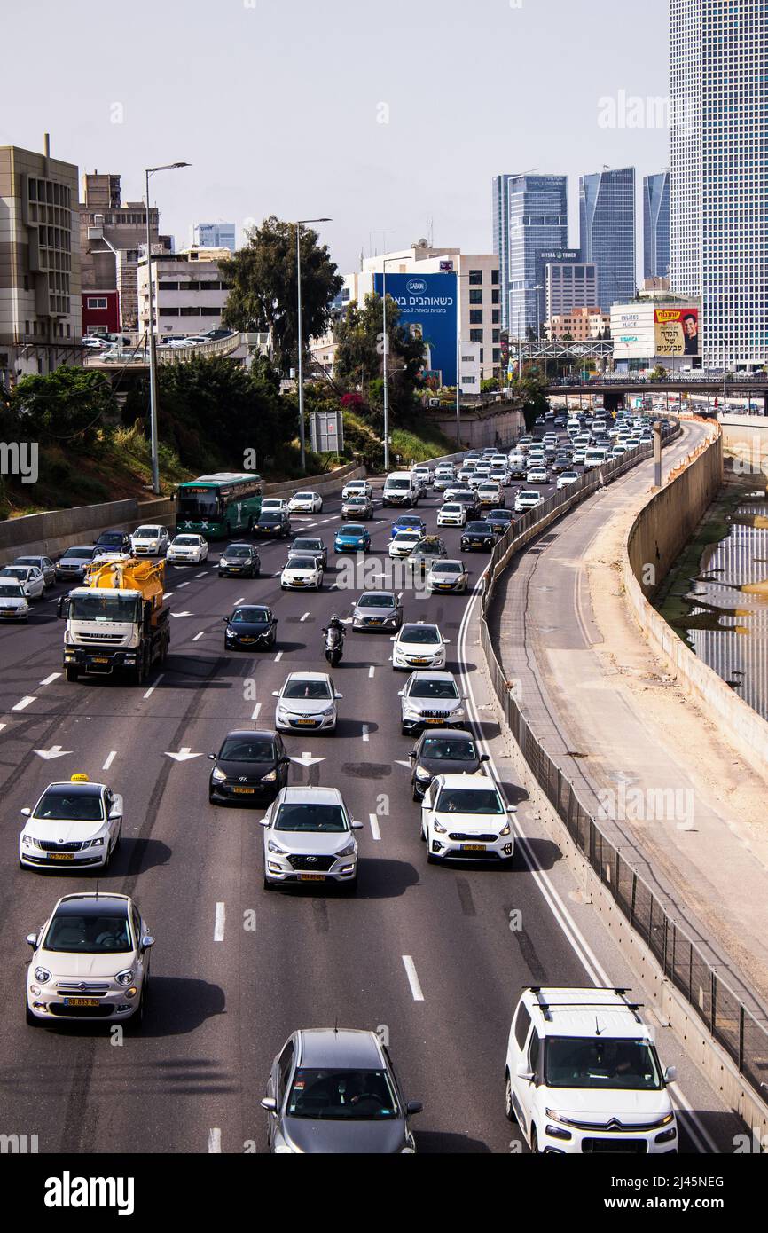 Tel Aviv, Israel - April 11, 2022 Heavy traffic jam on the Ayalon ...