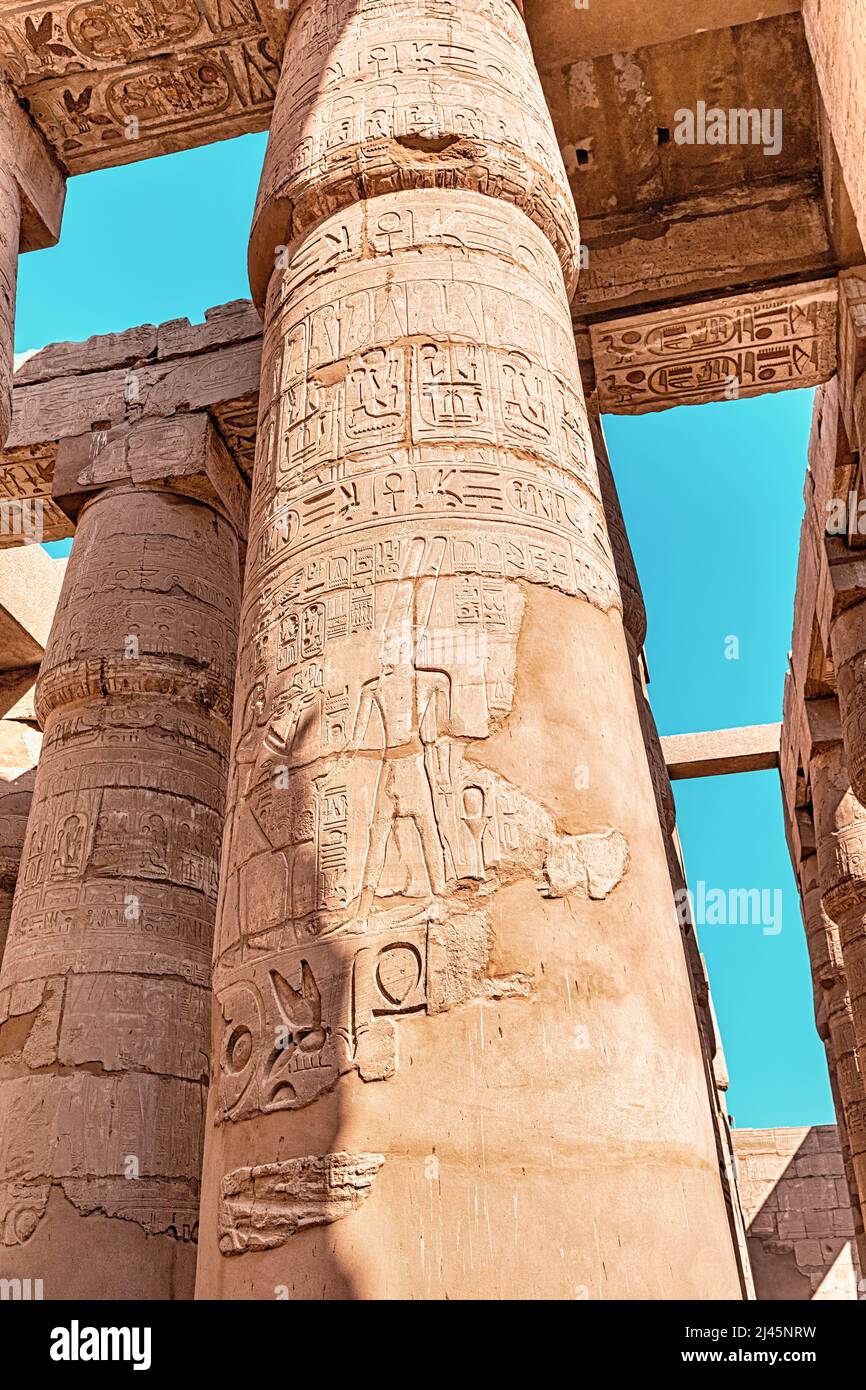 Hypostyle Hall with huge columns in Karnak temple in the famous city of ...