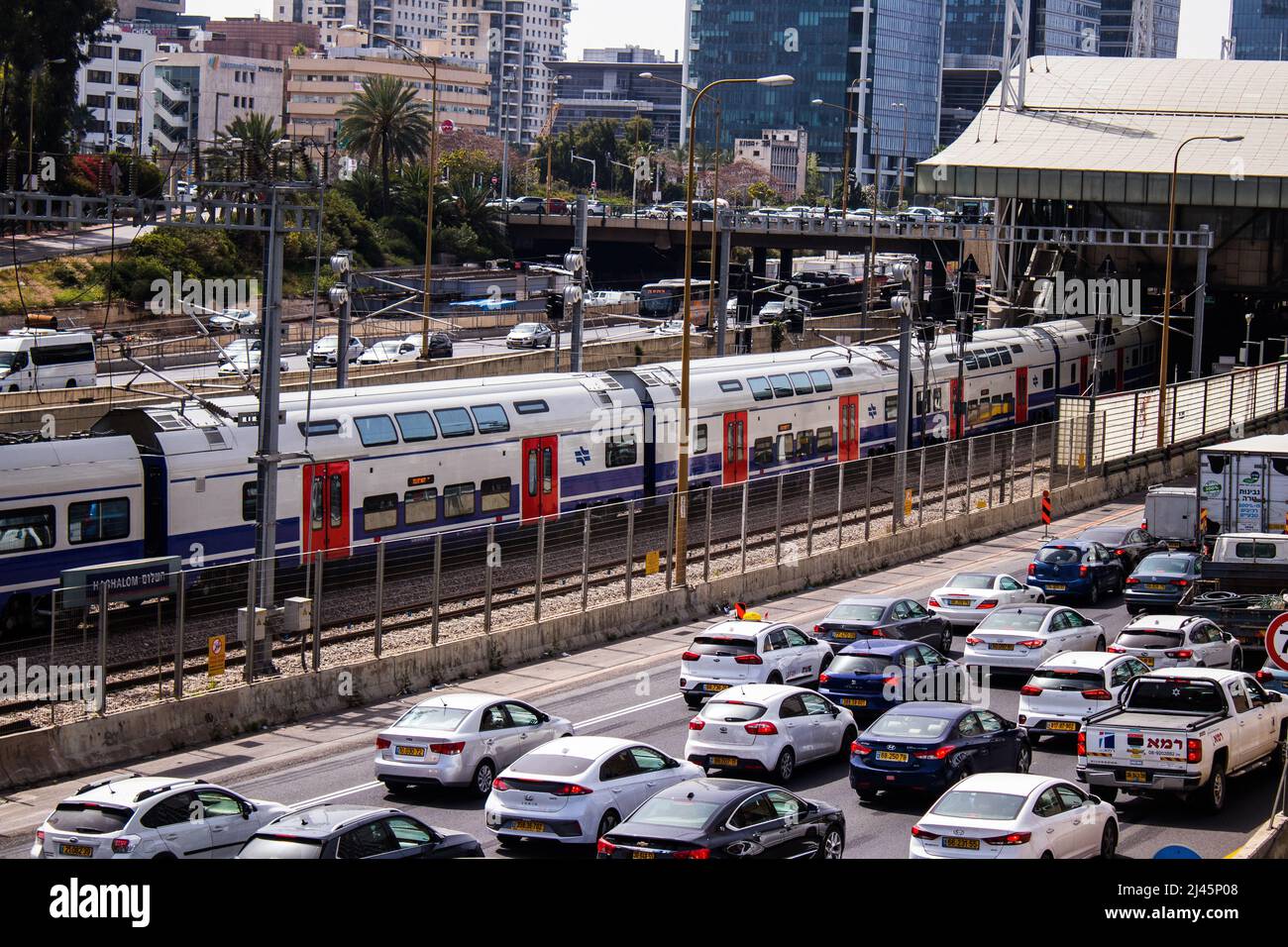 Tel Aviv, Israel - April 11, 2022 Heavy traffic jam on the Ayalon ...