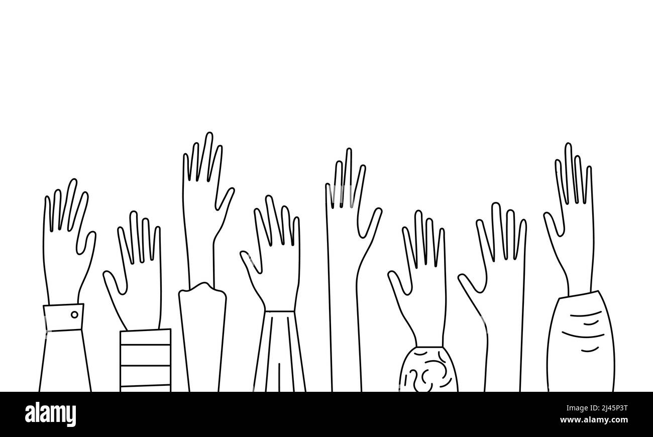 Hands raised up, crowd concept. Holiday, funny people. Hand drawn hands ...