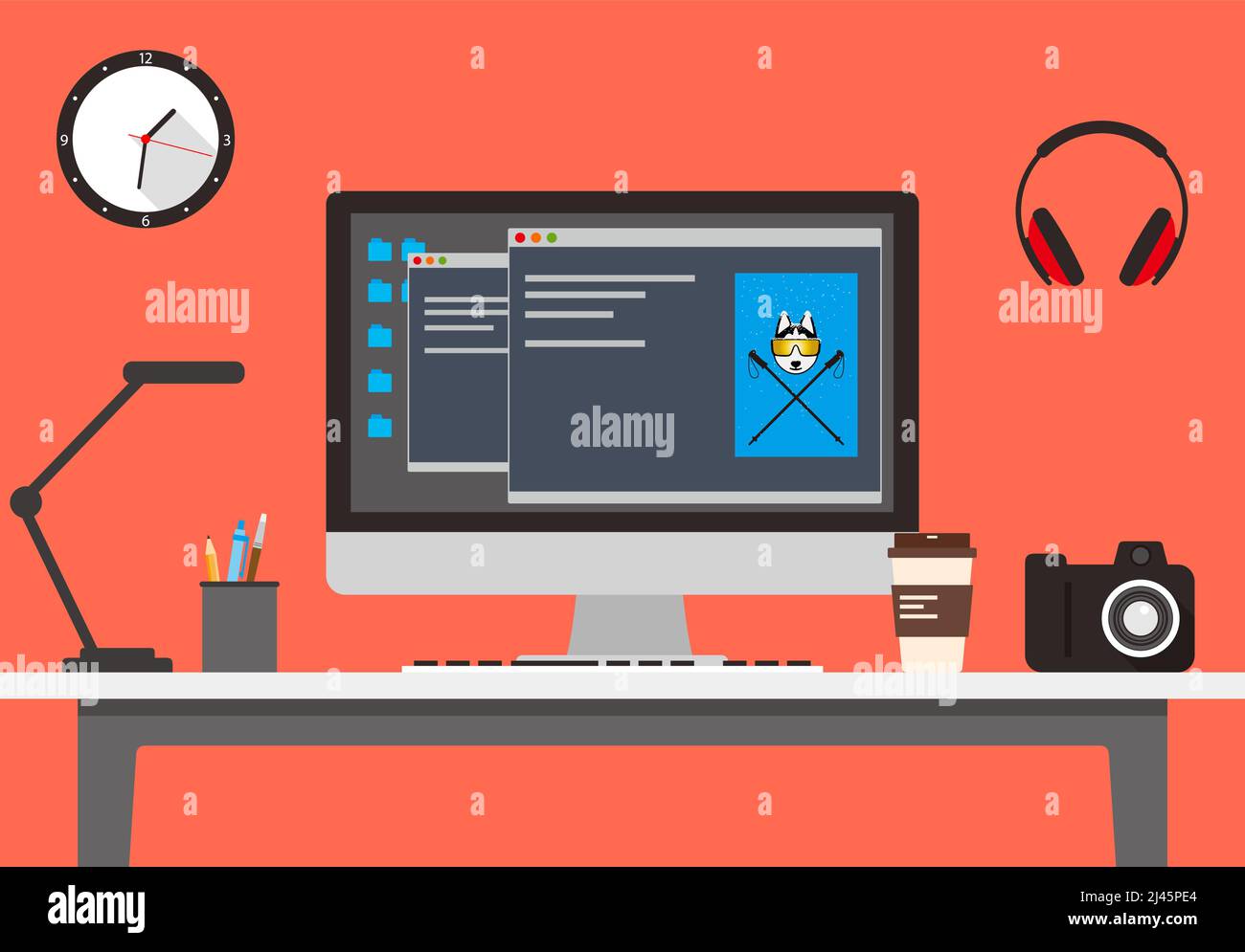 Desk with computer and other things, vector illustration Stock Vector ...