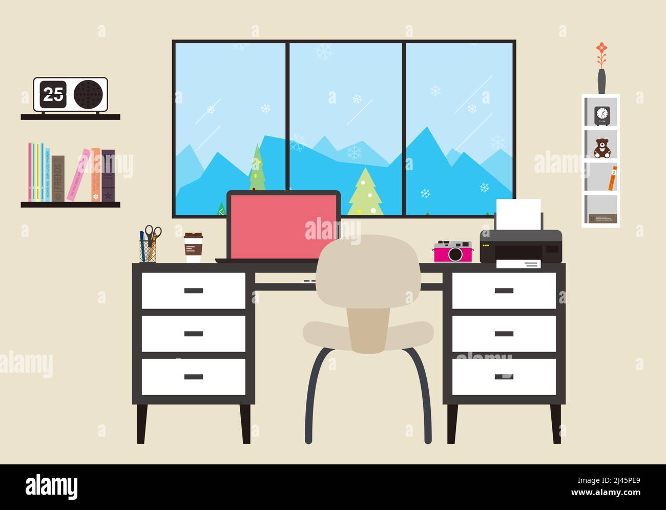 Desk with computer and other things, vector illustration Stock Vector ...